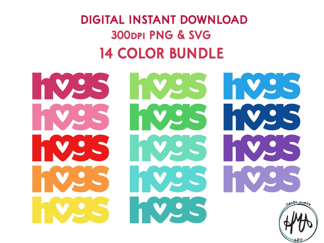 Hugs 14 Color Bundle SVG & PNG Formats Sublimation Clip Art Print + Cut ...