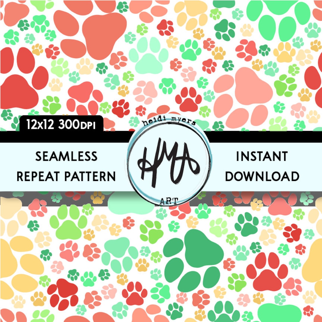 Paw Print Digital Seamless Repeat in Green & Peach Shades 12x12 300dpi ...