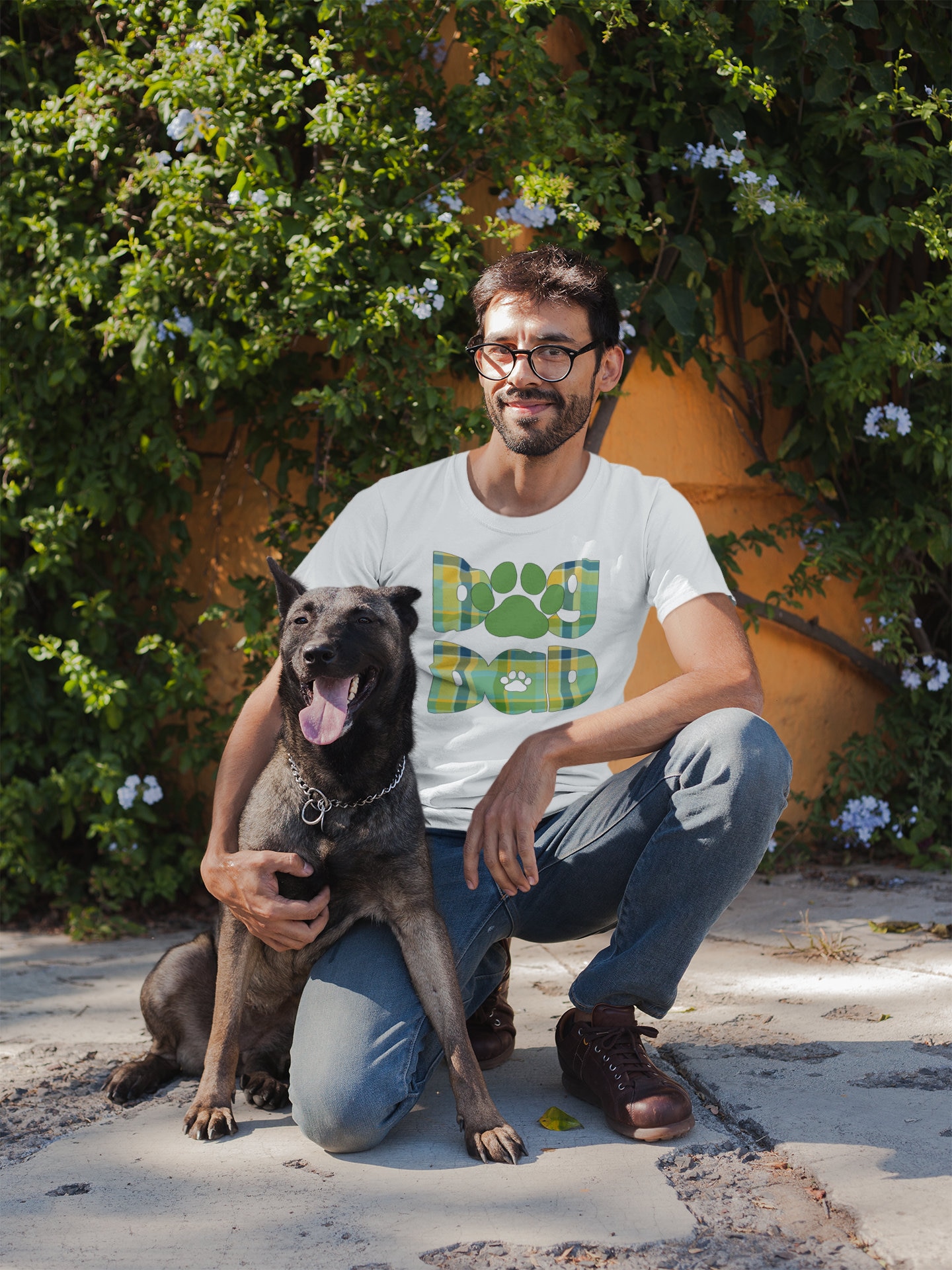 Dog Dad PNG in Bees & Blue Flowers Plaid of Yellow and Blue Shades ...