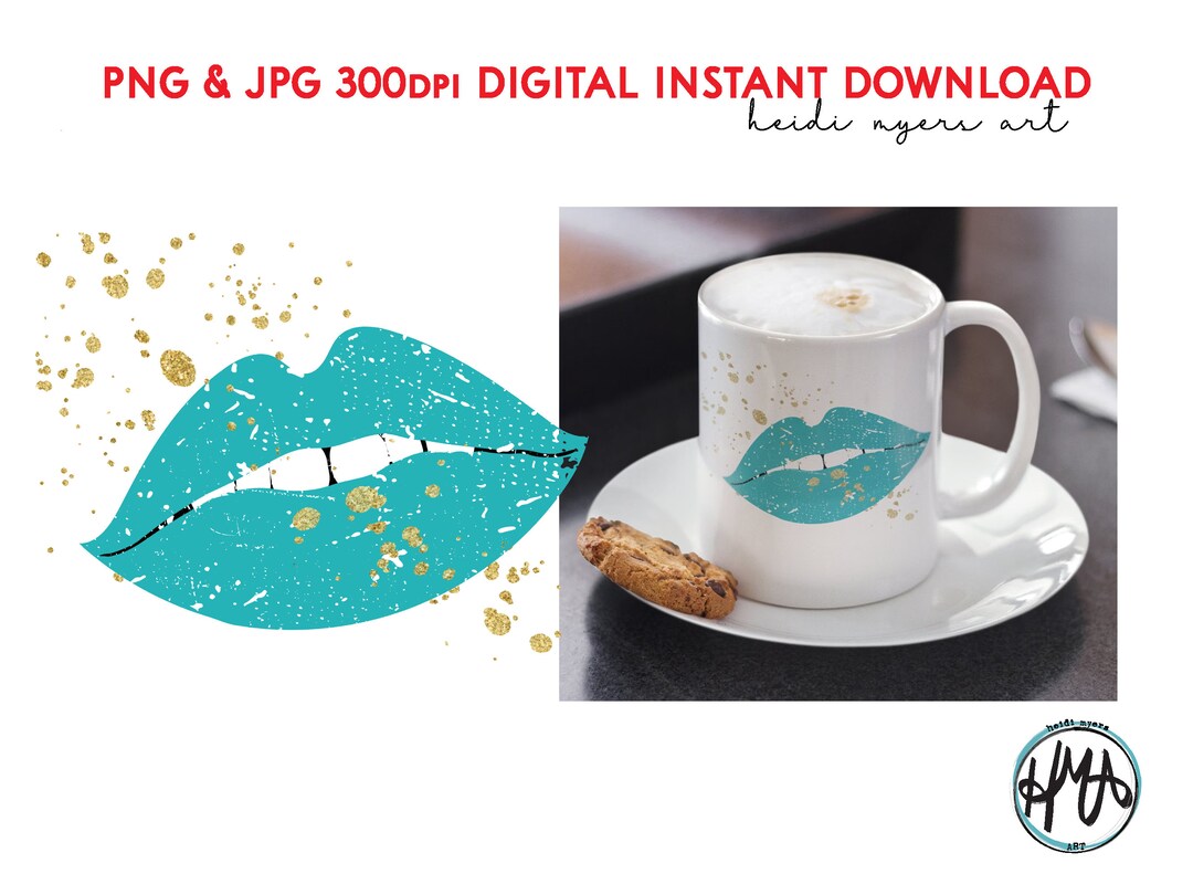 Gold-splattered Teal Lips Png Jpg, Lips Clip Art for Tshirts, Stickers ...