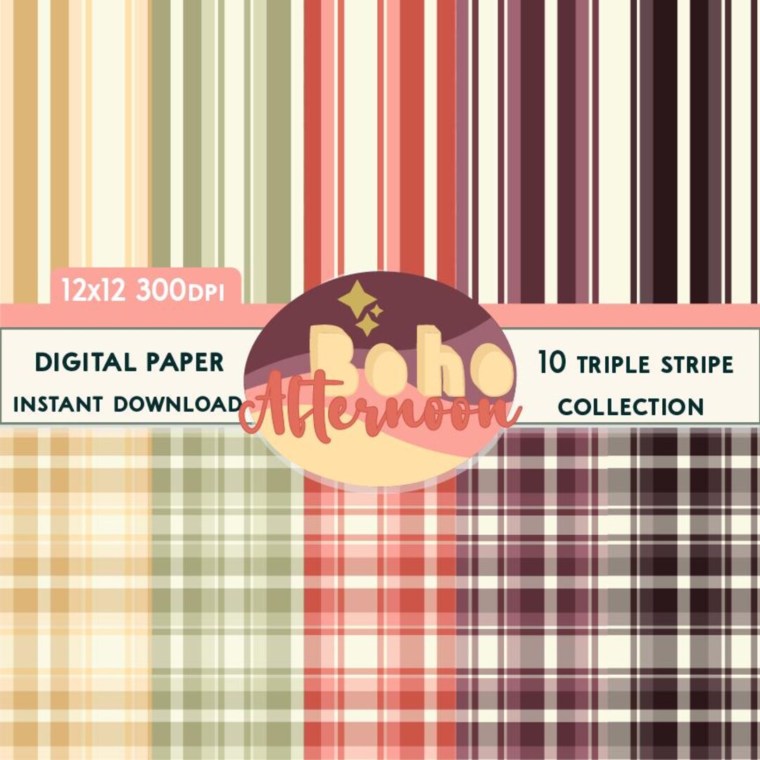 Seamless Triple Striped & Plaid Digital Patterns 10 Pngs, Boho ...