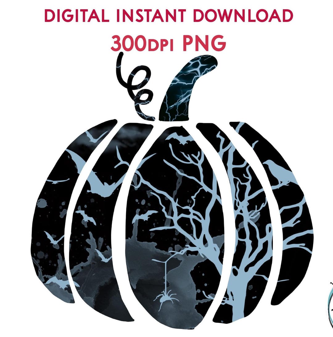 Spooky Forest Pumpkin PNG in X-ray-like Blues & Grays Crow Bats Spider ...