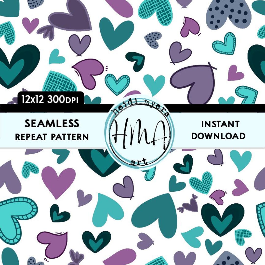 Whimsical Teal & Purple Hearts Seamless Pattern - 12x12” 300dpi PNG ...