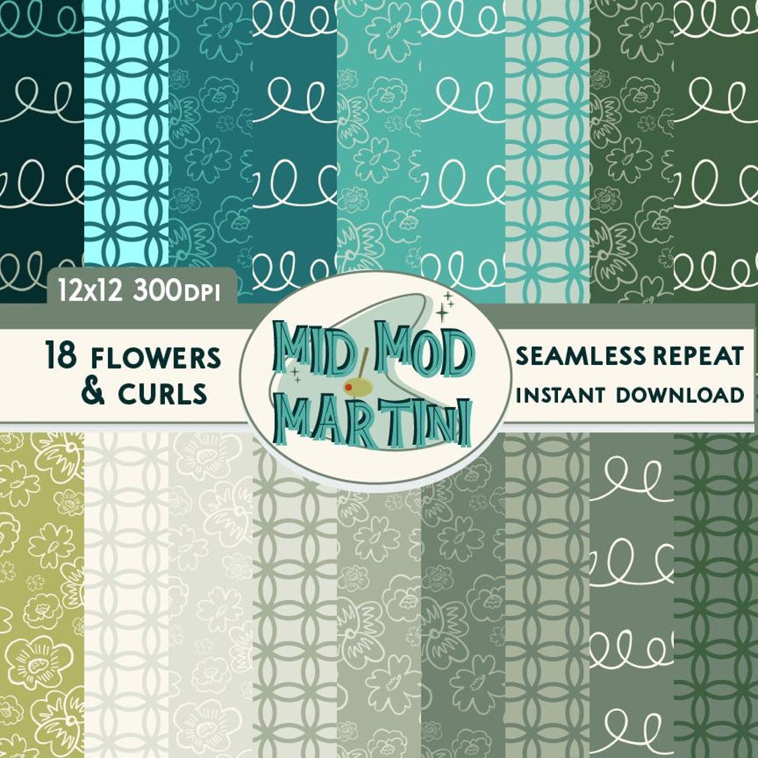 Mid-century Modern Floral and Curlicue Digital Patterns in Teal Olive ...