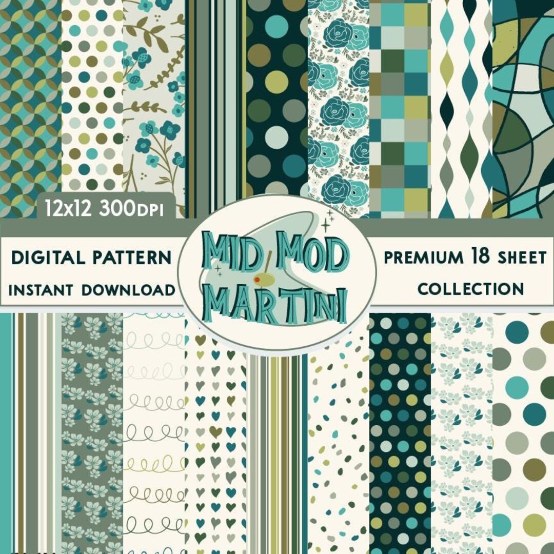 18pc Digital Mid Mod Martini Pattern Set in Teal, Olive, and Sage ...