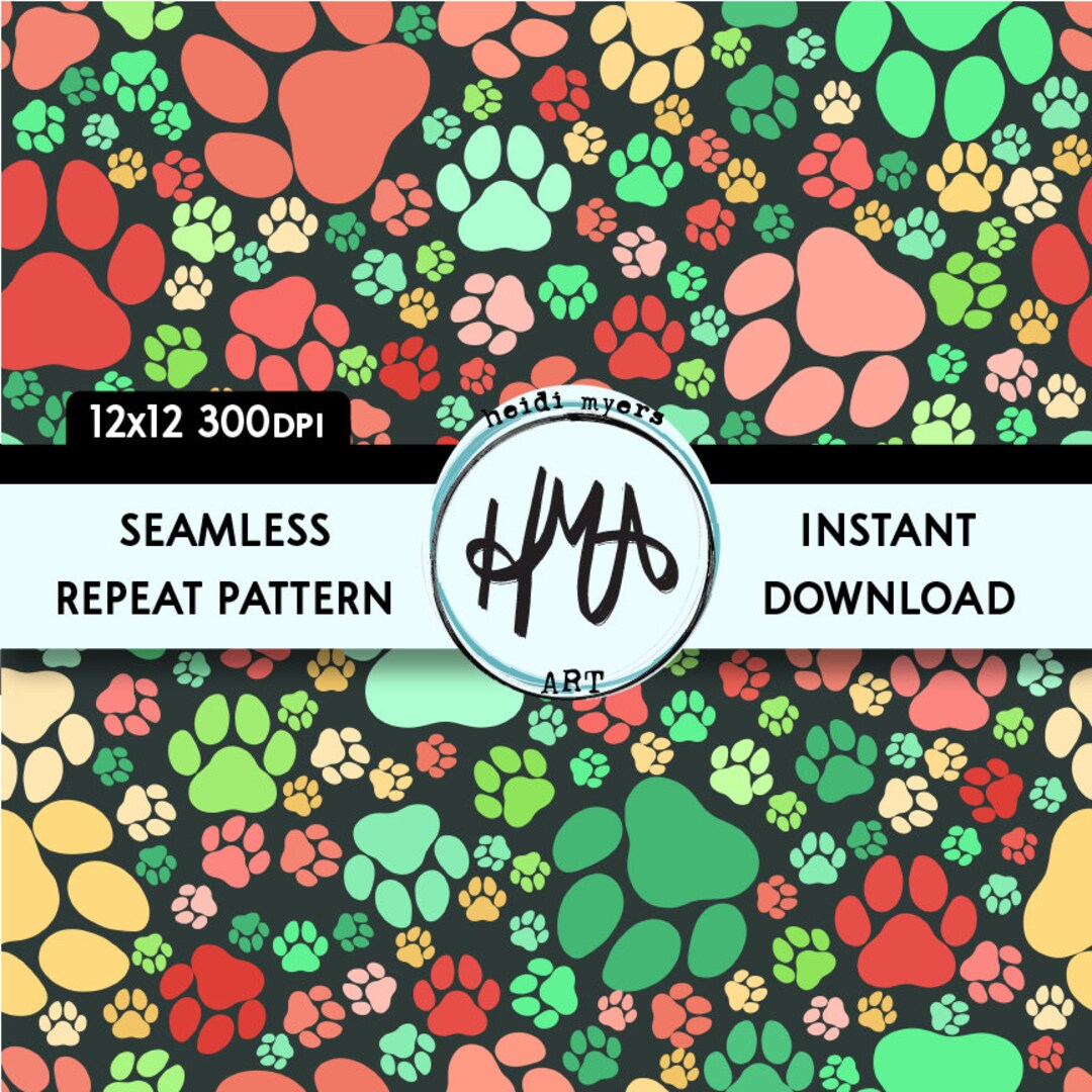 Paw Print Digital Seamless Repeat in Green & Peach Shades on Grey 12x12 ...
