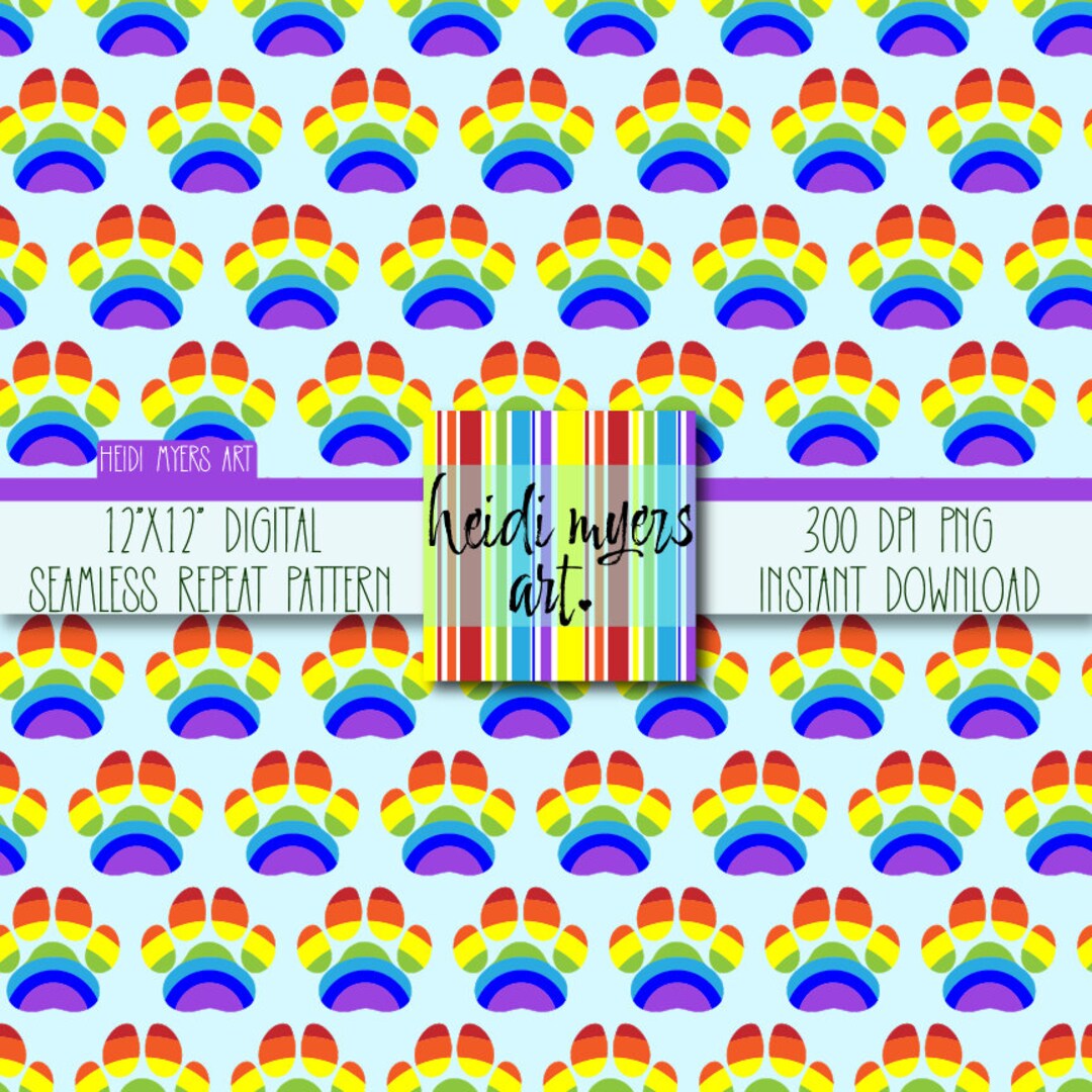Rainbow Paw Prints Digital Seamless Repeat, 12x12 300dpi PNG, Instant ...