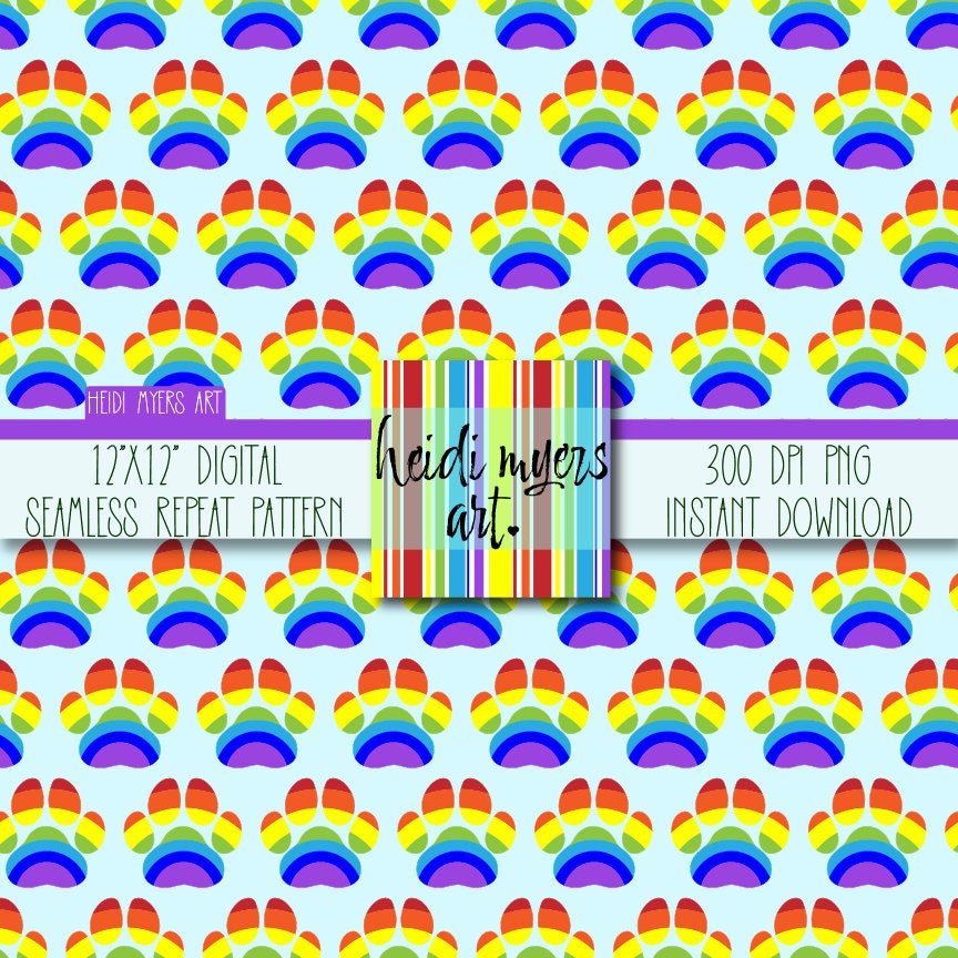 Rainbow Paw Prints Digital Seamless Repeat, 12x12 300dpi PNG, Instant ...