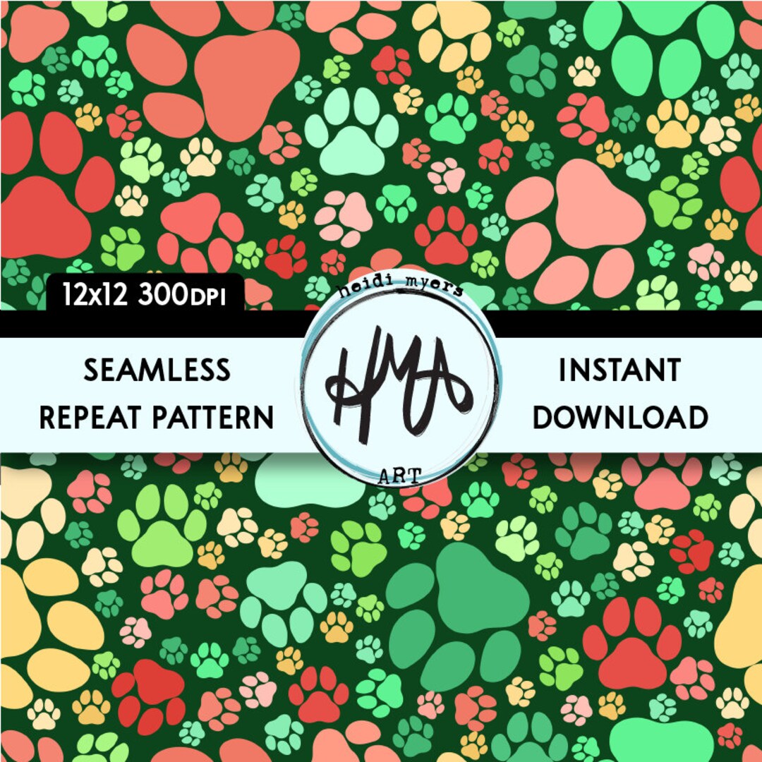 Paw Print Digital Seamless Repeat in Green & Peach Shades on Green ...