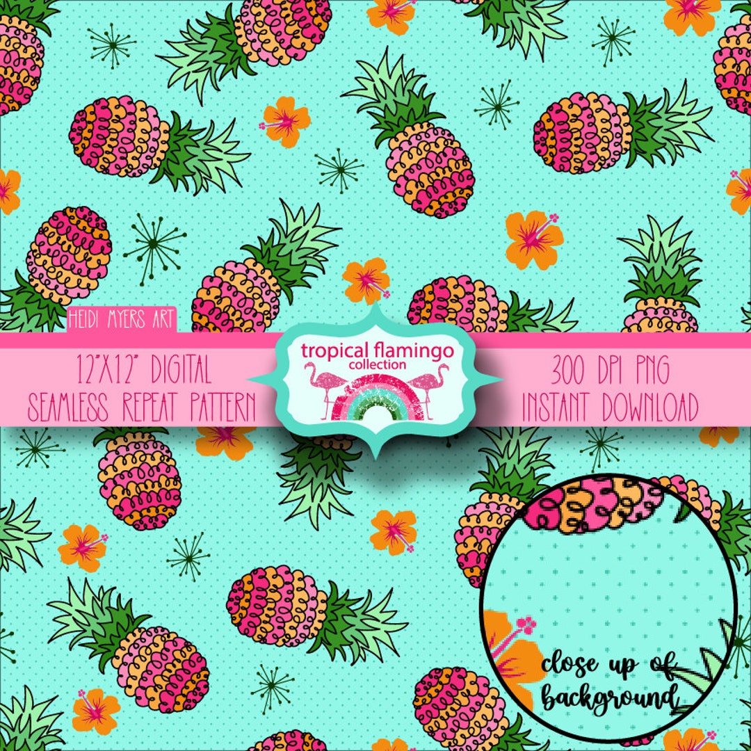 Doodle Pineapples on Turquoise Base Digital Seamless Repeat, With & W/O ...