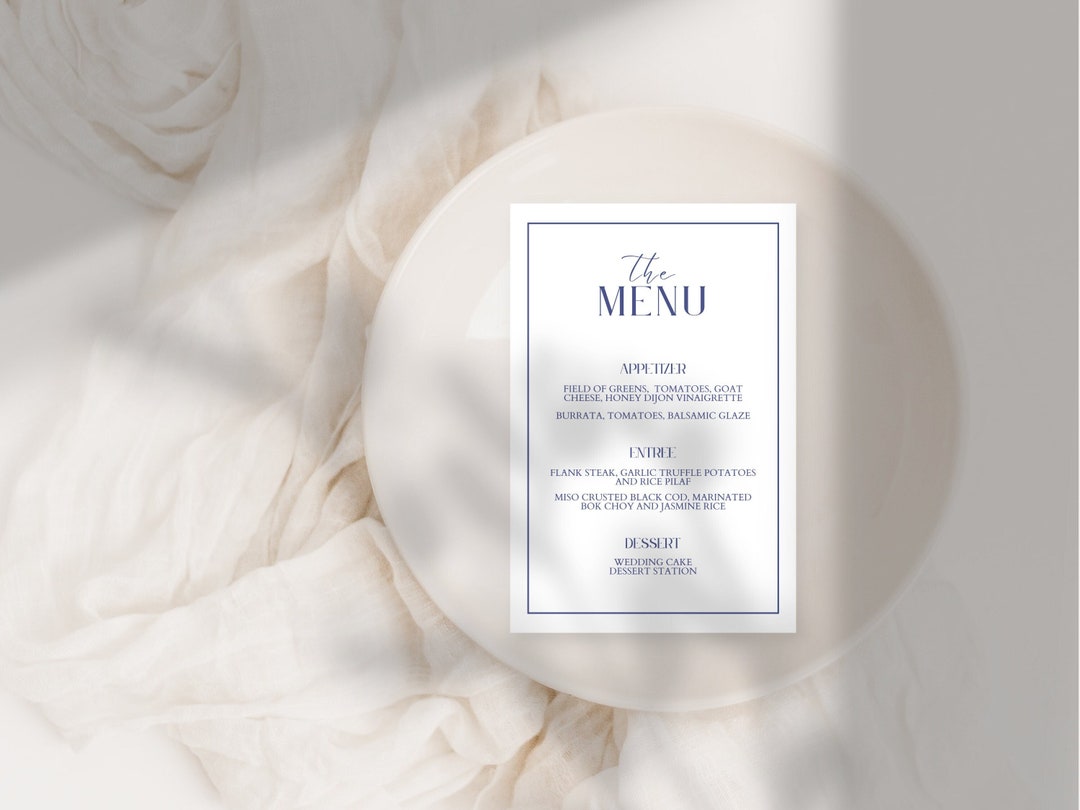 4x6 Classic Wedding Menu Template Editable Navy Minimalist Menu Card ...