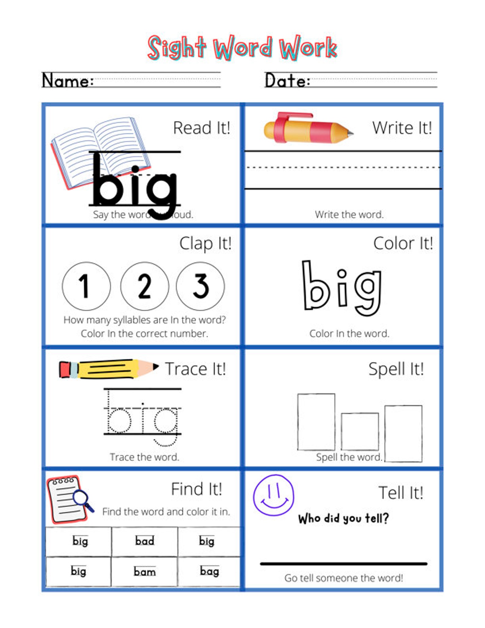 Dolch Pre-primer Word List and Activity Sheets: 1 Page for Each Pre ...