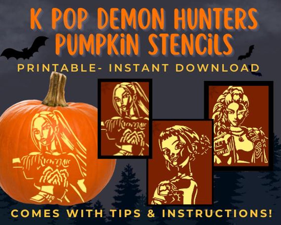 K Pop Demon Hunters Stencil, Huntrix Pumpkin Template, Pumpkin Carving Pattern, Pumpkin Carving ...