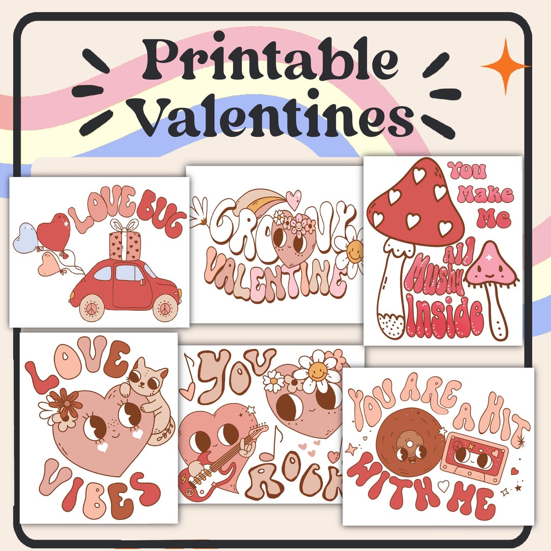 Retro Cartoon Printable Valentines Cards, Groovy 70s Style, Classmates ...