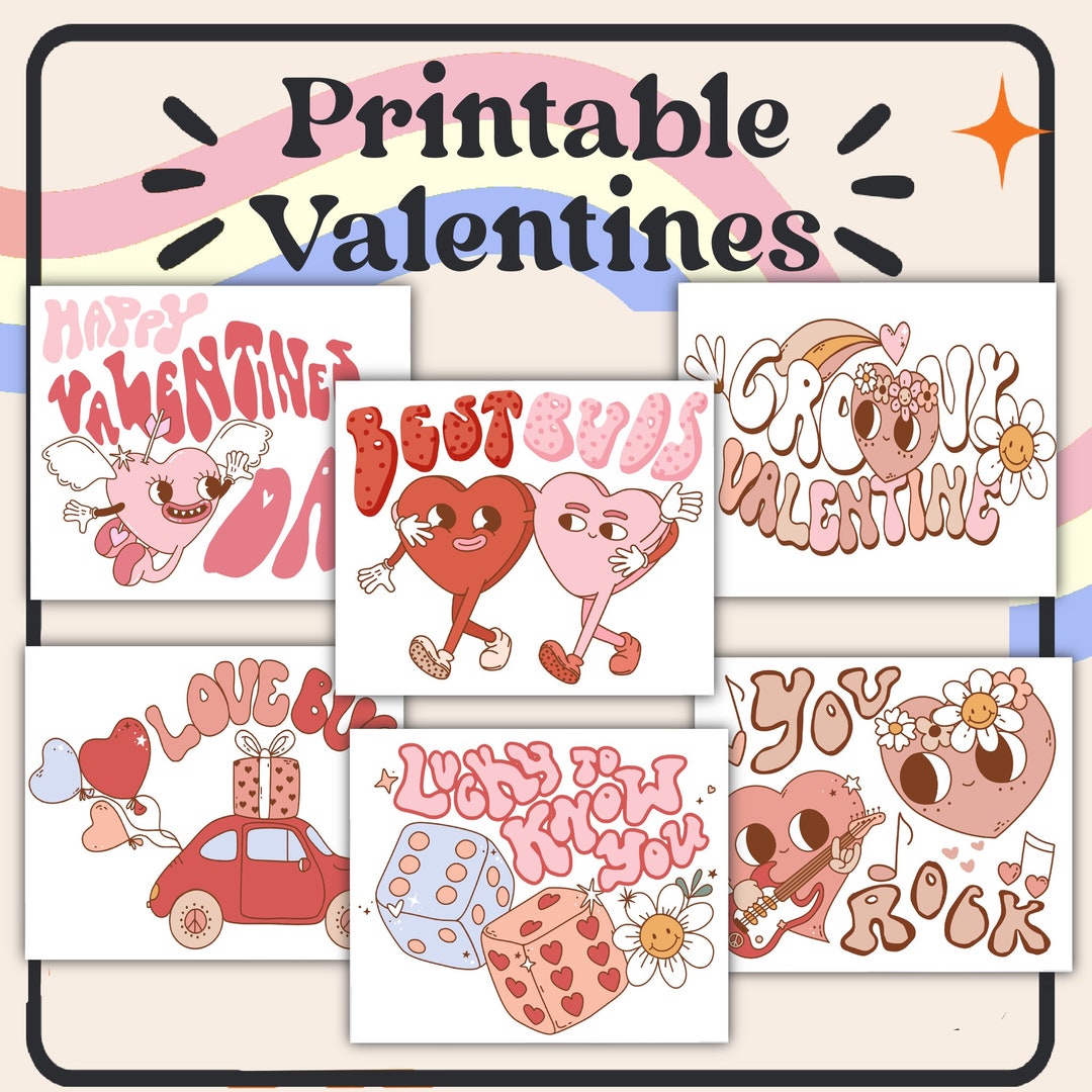 Retro Cartoon Printable Valentines Cards, Groovy Kids Classmates ...