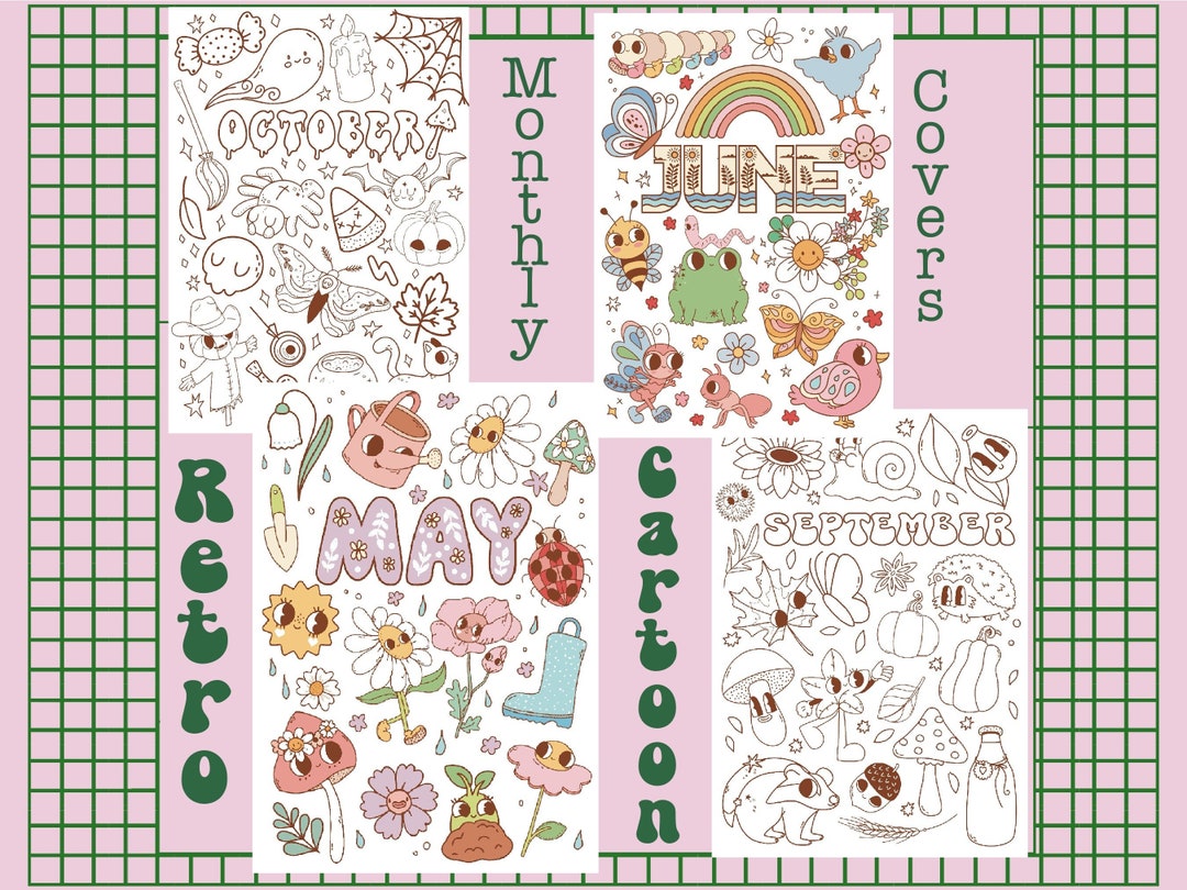 Retro Cartoon Printable Planner Pages, Monthly Cover Coloring Pages A5 ...