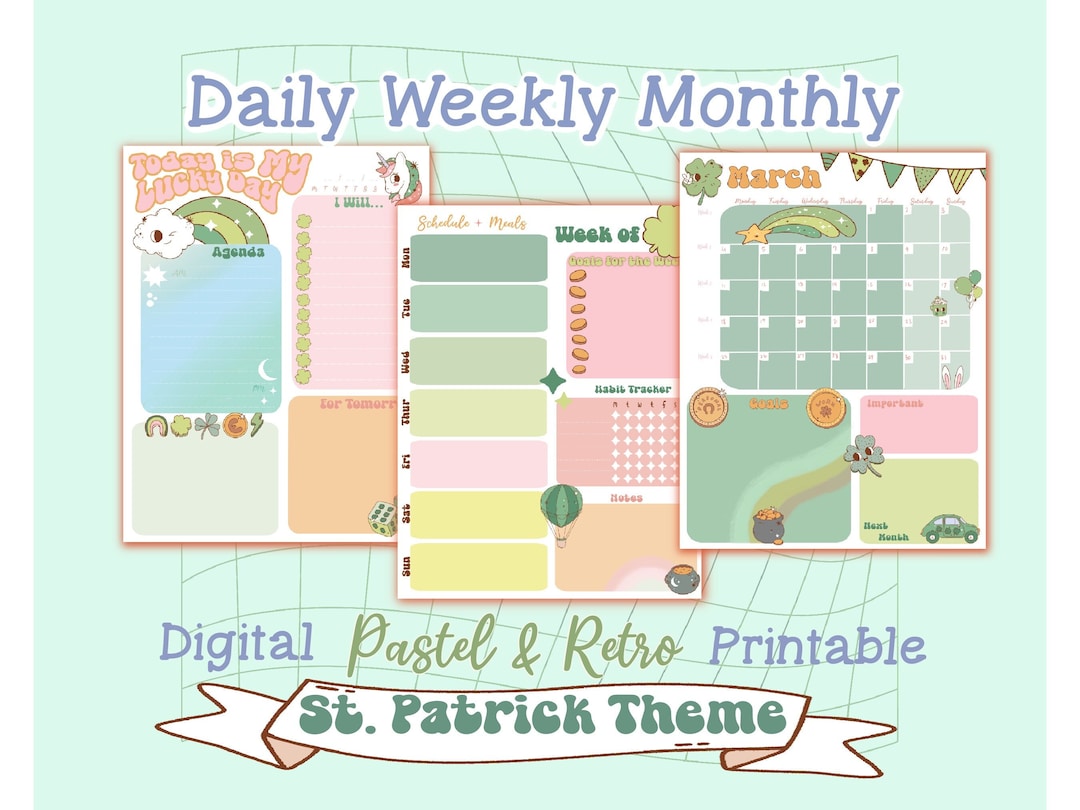 Retro Cartoon Planner Pages, Cute Pastel St. Patty Themed Pages, A5 ...