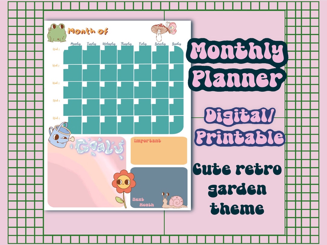Nature Garden Monthly Calendar Undated Planner Printable, Cute Retro ...