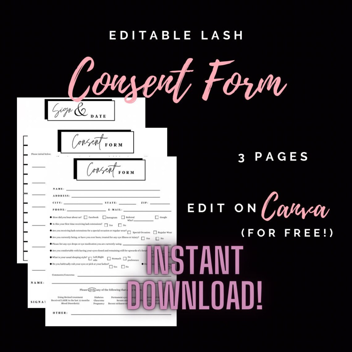 EDITABLE Lash Client Consent Form Light | Lash Record Forms | Beauty ...