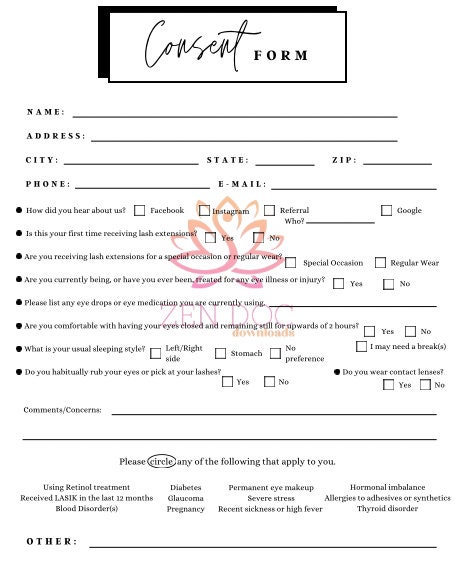 EDITABLE Lash Client Consent Form Light | Lash Record Forms | Beauty ...