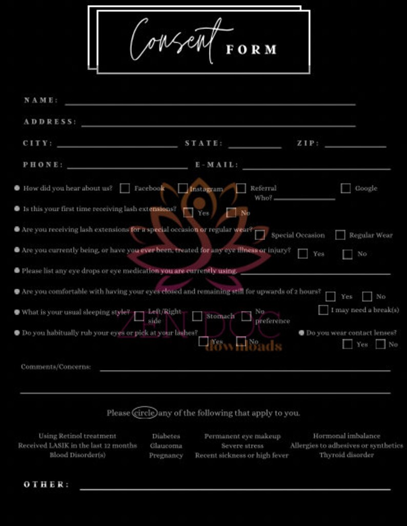 EDITABLE Lash Client Consent Form Dark | Lash Record Forms | Beauty ...