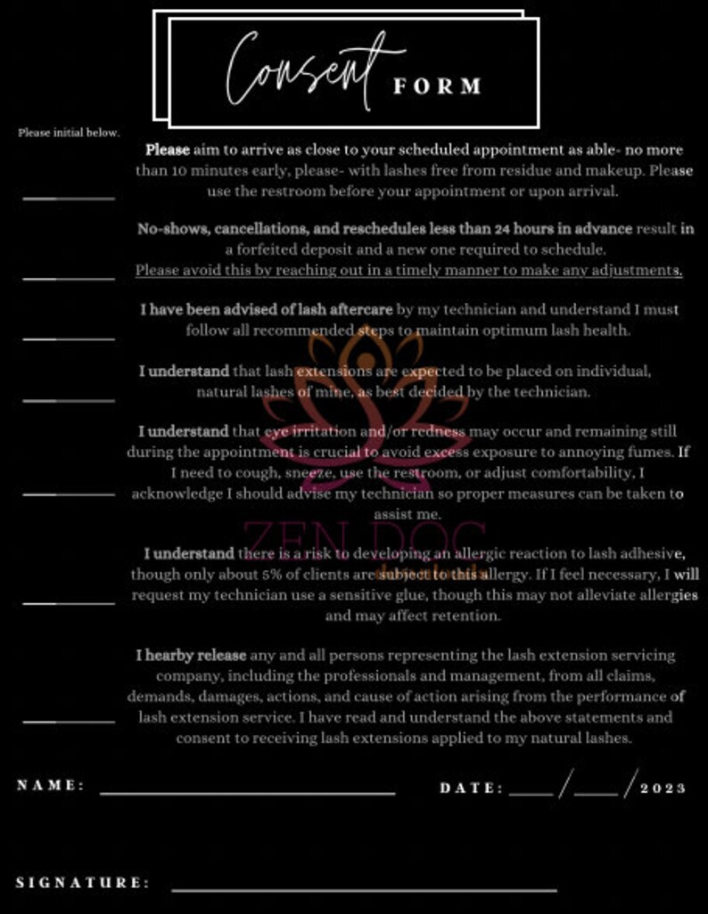 EDITABLE Lash Client Consent Form Dark | Lash Record Forms | Beauty ...