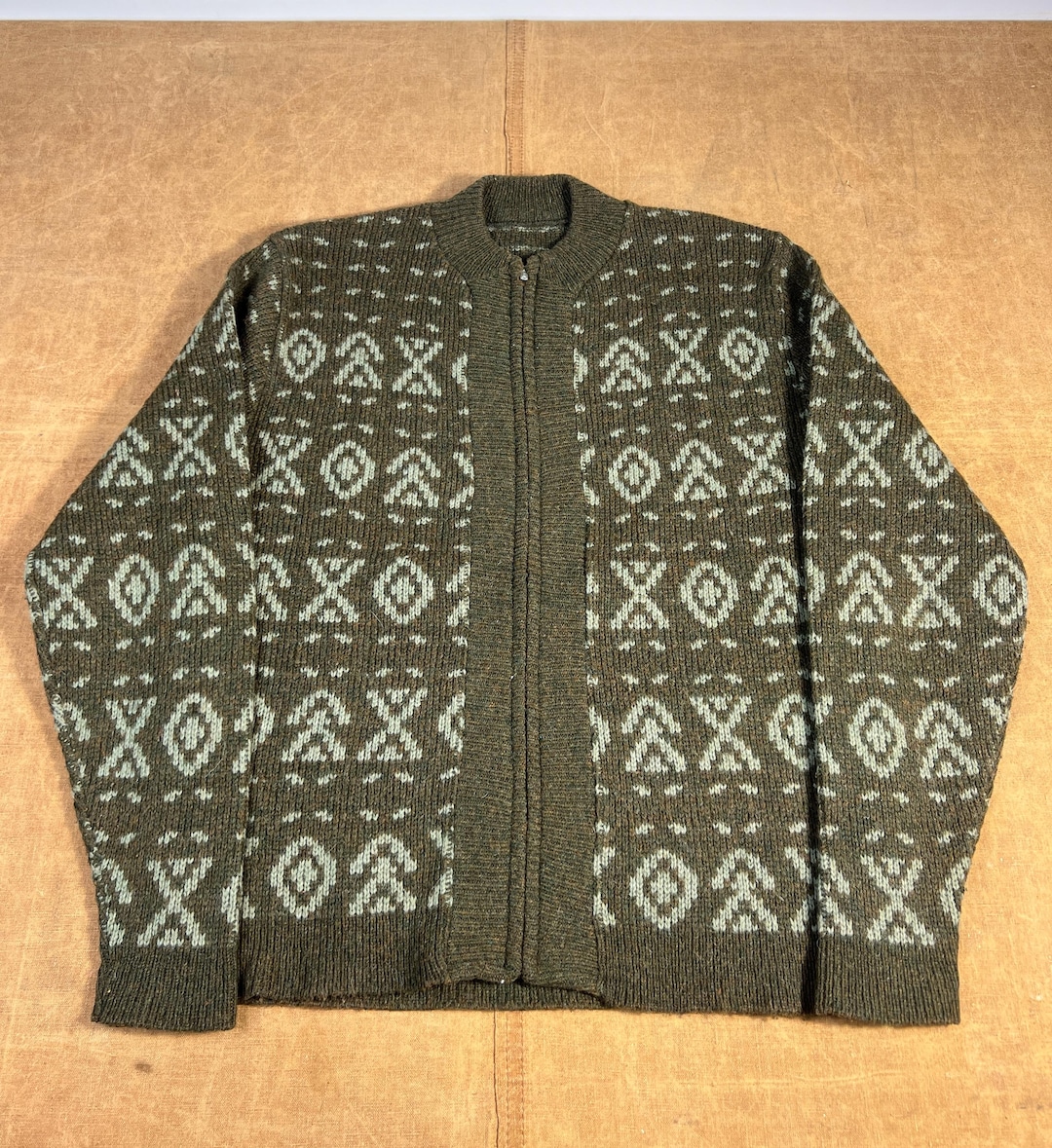 Vintage 60’s Geometric Diamond Pattern Wool Cardigan Zip up Sweater ...