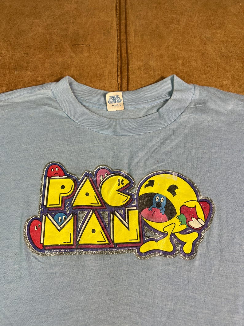 Vintage 70s Pac Man Video Game Iron on Single Stitch Made in USA Blue ...