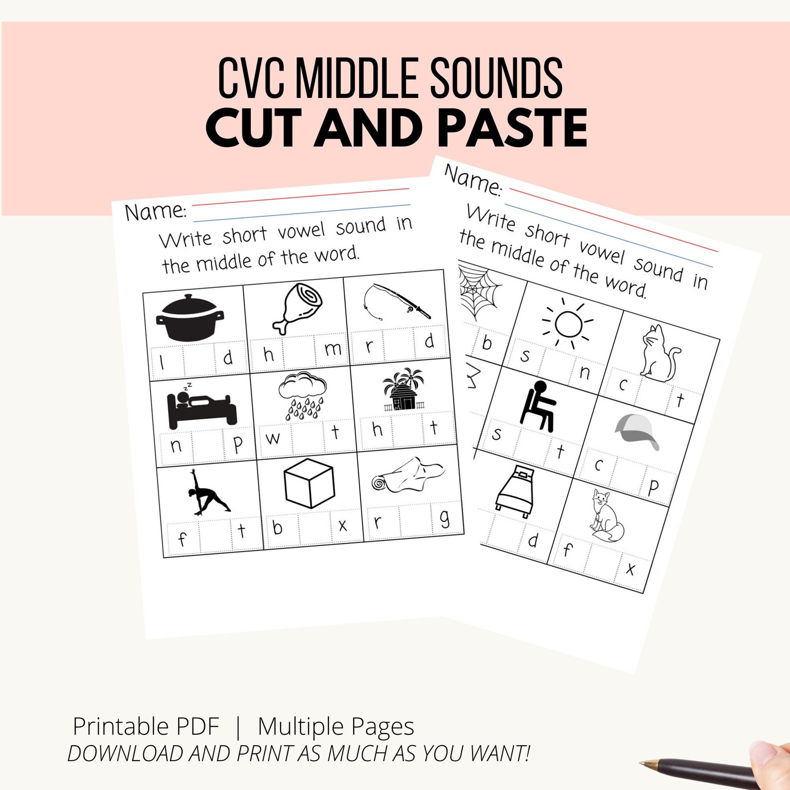 Cvc Middle Sound, Fill in the Vowel, Missing Letter, Short Vowel Sound ...