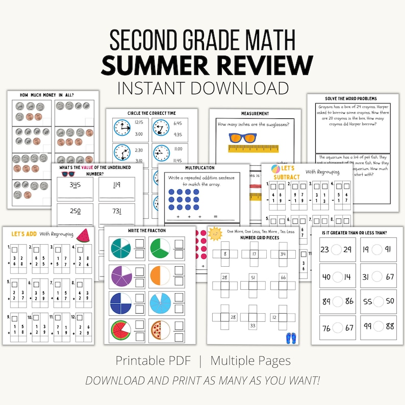 2nd Grade Summer Math Review Packet: Skills Practice (PDF) - Etsy