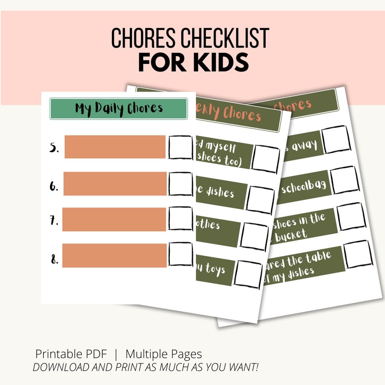 Weekly Chore Printable Checklist, Daily Chore Chart Checklist for Kids ...