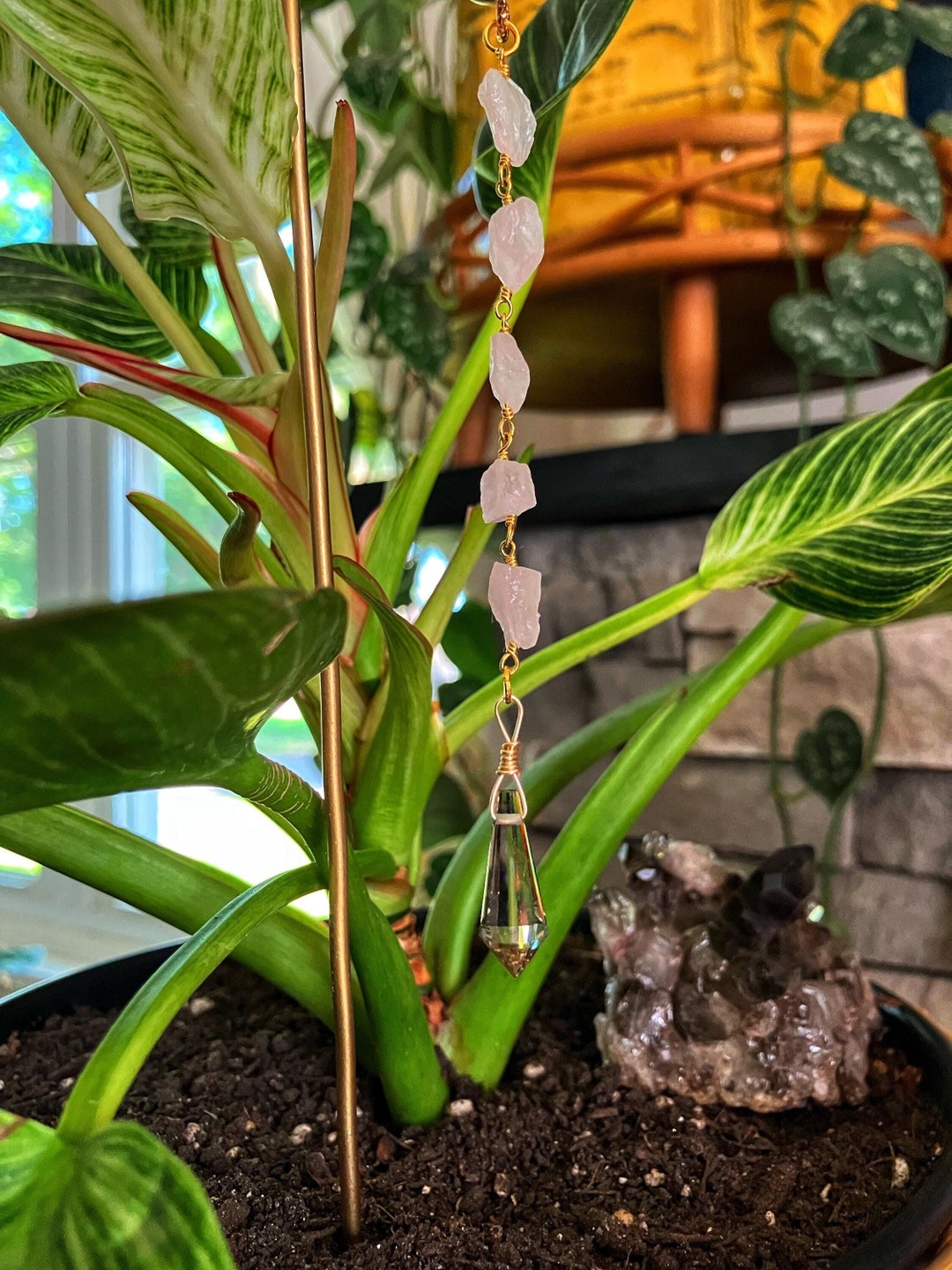 Rose Quartz and Vintage Black Diamond Crystal Plant Stake - Etsy