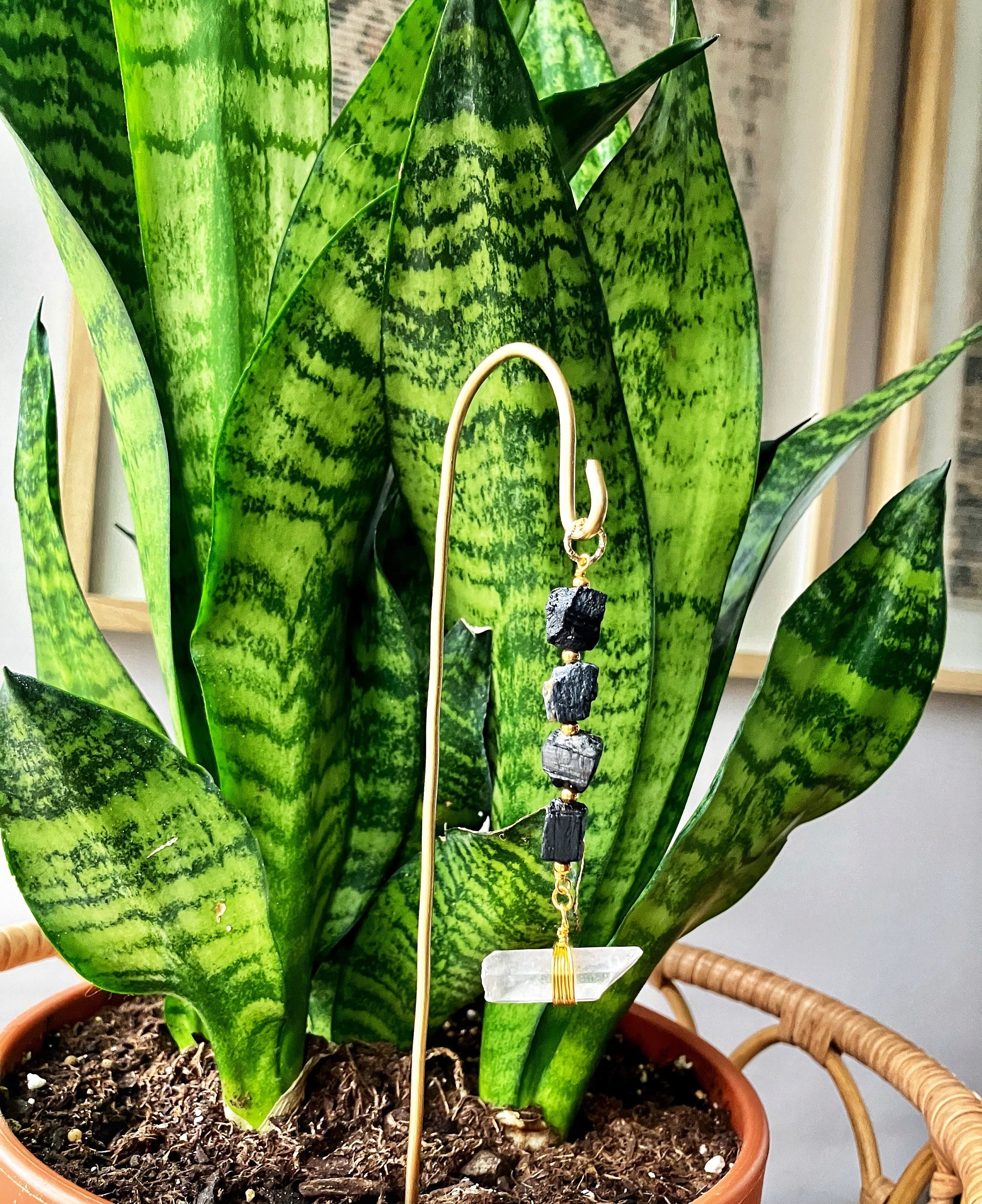 Handmade Gold Plant Stake Black Tourmaline With Quartz Crystal, Planter ...