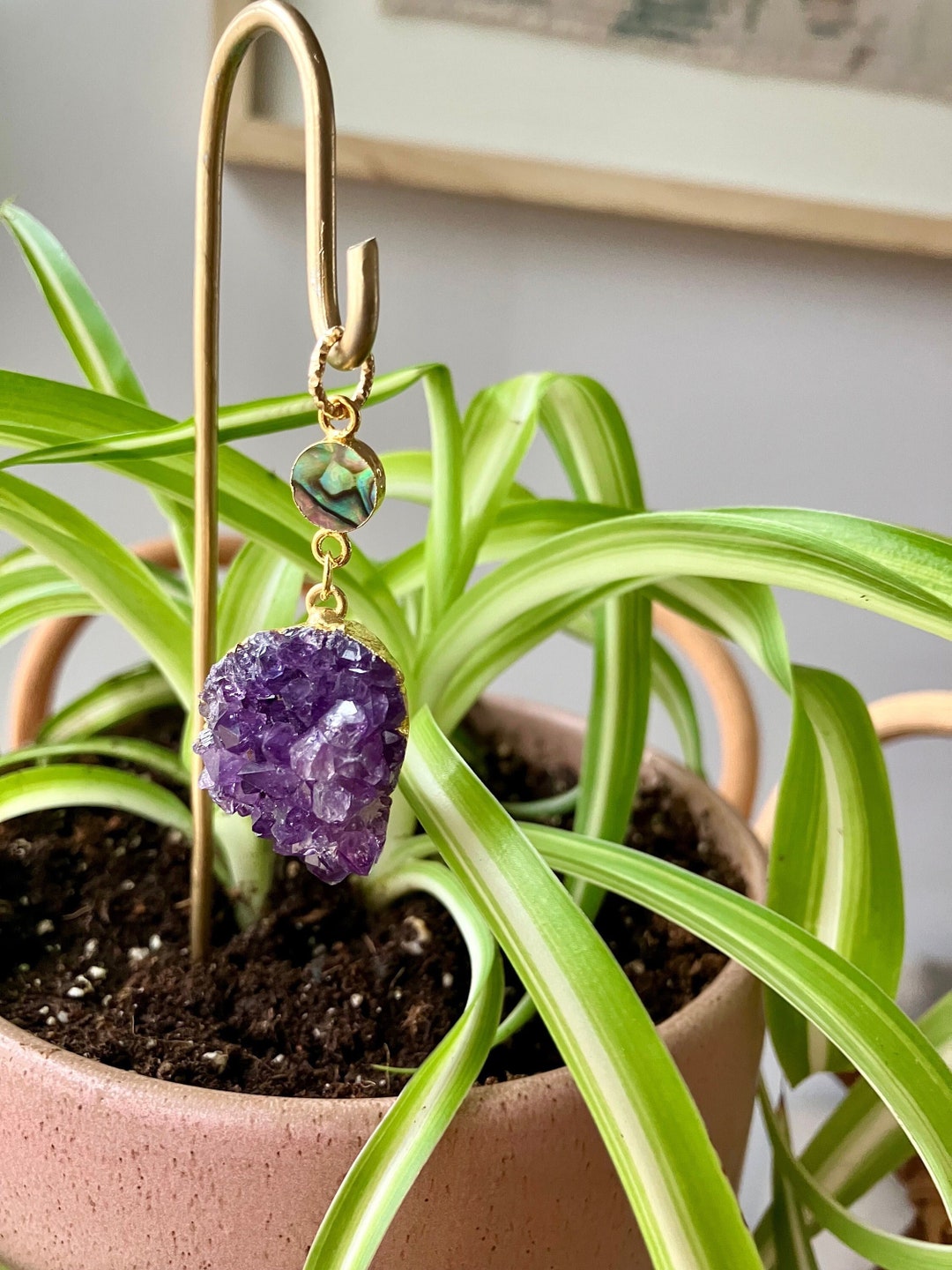 Abalone Amethyst Plant Stake, House Plant Decor, Wire Plant Stake ...