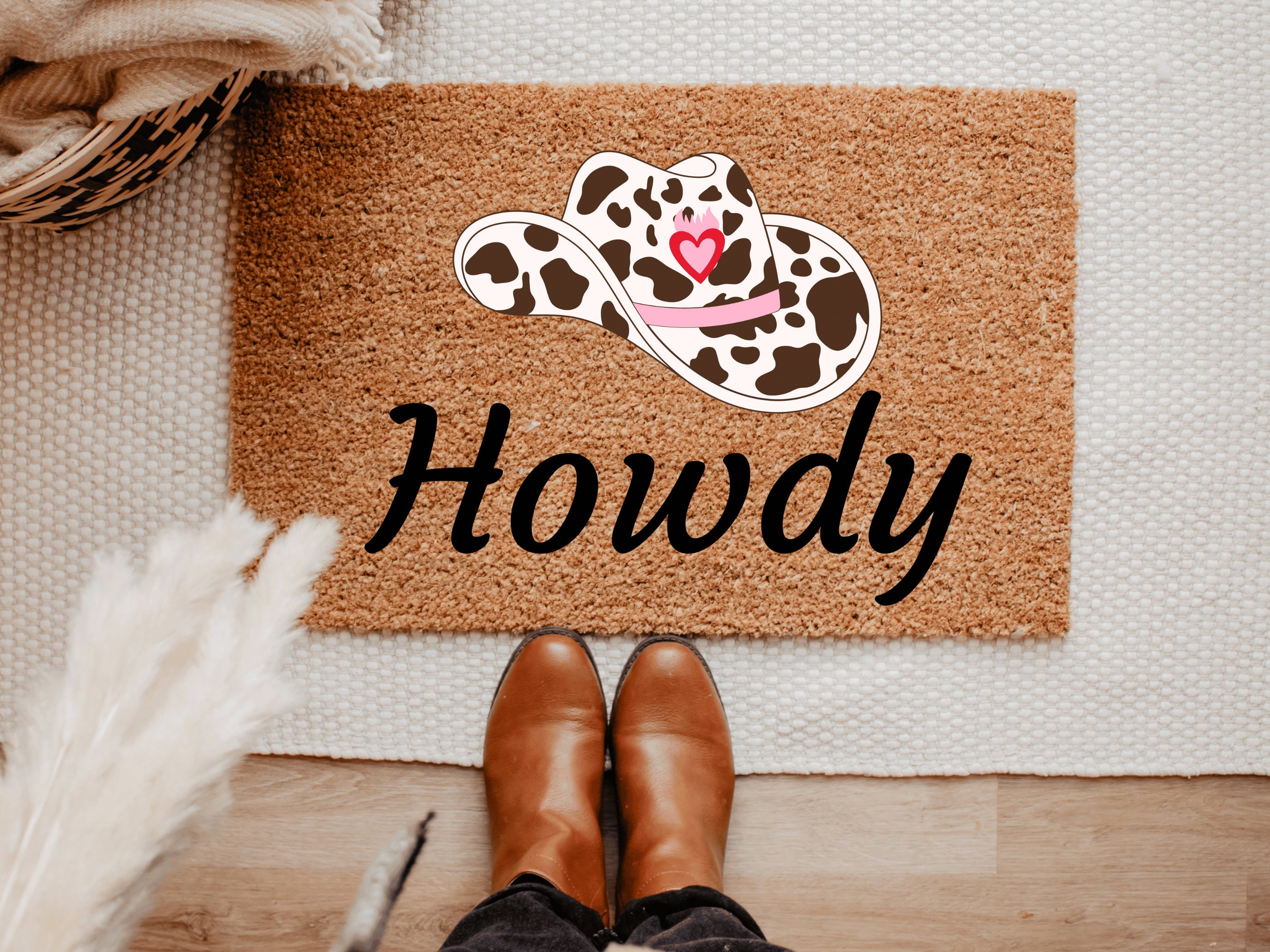 Pink Cowboy Hat Welcome Mat, Howdy Western Doormat, Cute Boho Outdoor ...