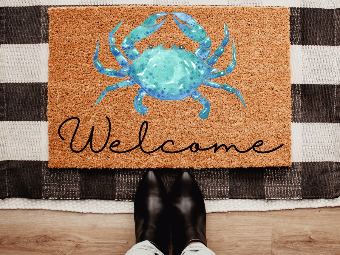 Beachy Welcome Mat, Cute Coastal Decor Outdoor Mat, Crab Doormat for ...