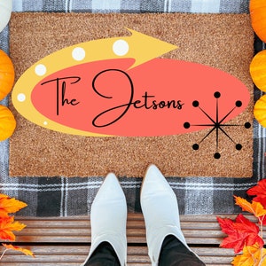 Personalized Mid Century Modern Welcome Mat, Fun Retro Star Doormat ...