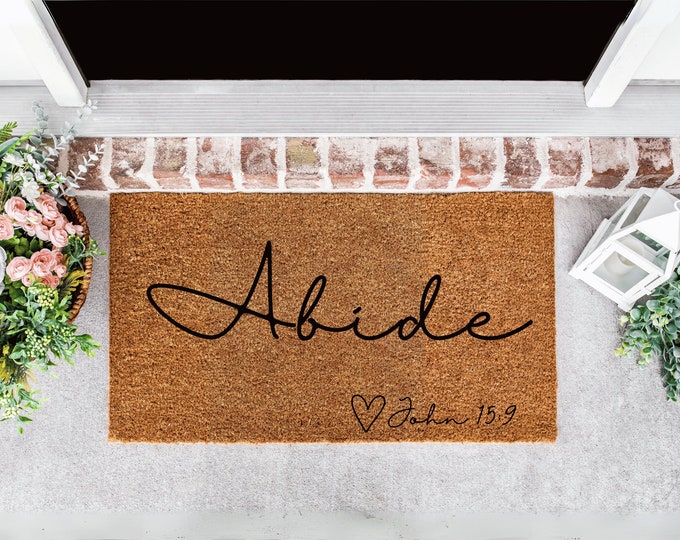Abide Welcome Mat, Christian Door Mat, Faith Based Porch Decor, Bible ...