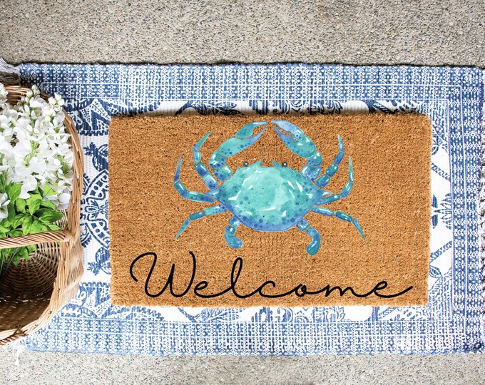 Beachy Welcome Mat, Cute Coastal Decor Outdoor Mat, Crab Doormat for ...
