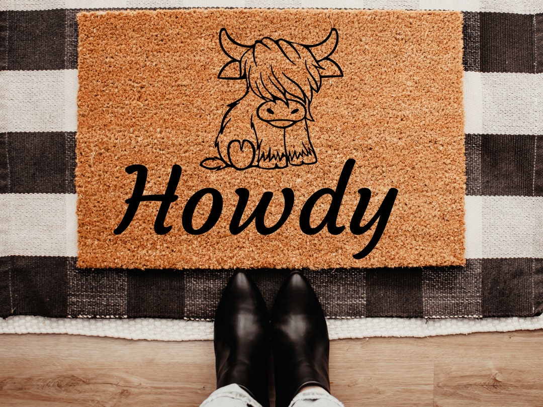 Highland Cow Welcome Mat, Farmhouse Style Gift, Barnyard Animal Doormat ...