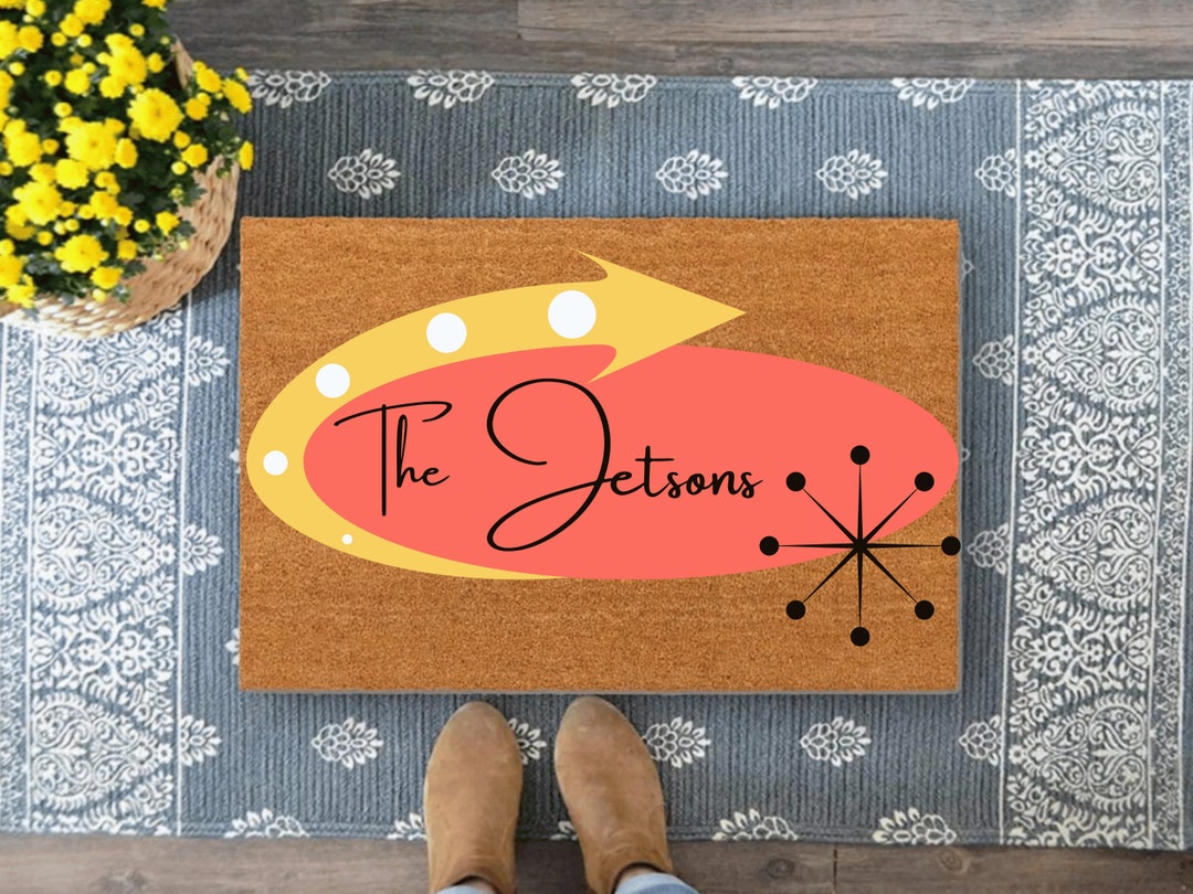 Personalized Family Mid Century Modern Welcome Mat, Fun Retro Star ...