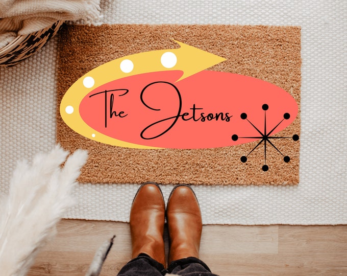 Personalized Mid Century Modern Welcome Mat, Fun Retro Star Doormat ...