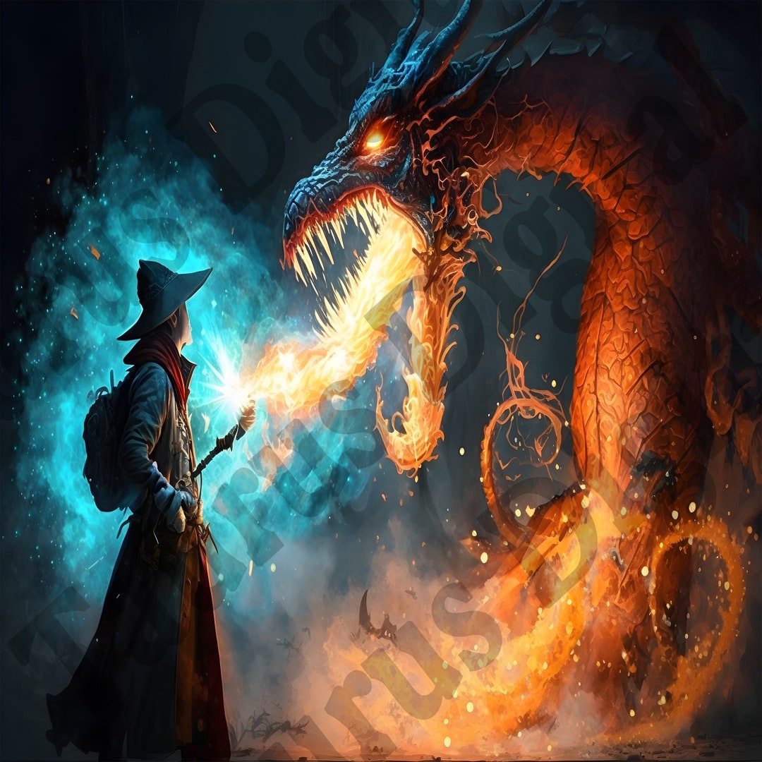 Wizard Blocking Dragon Fire, Digital Art Print, Digital Download, AI ...