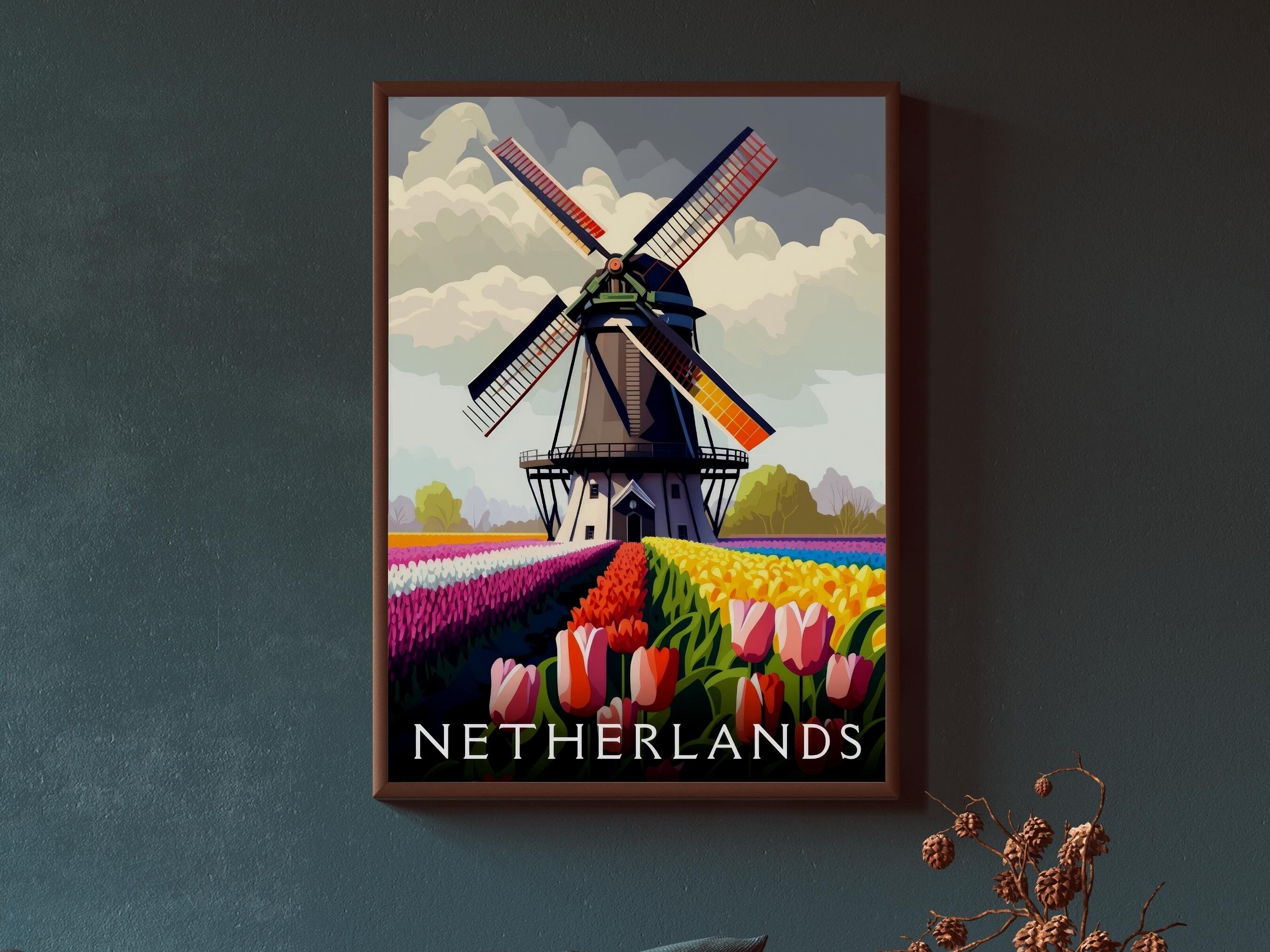 The Netherlands, Holland Travel Poster of a Windmill in a Tulip Field ...