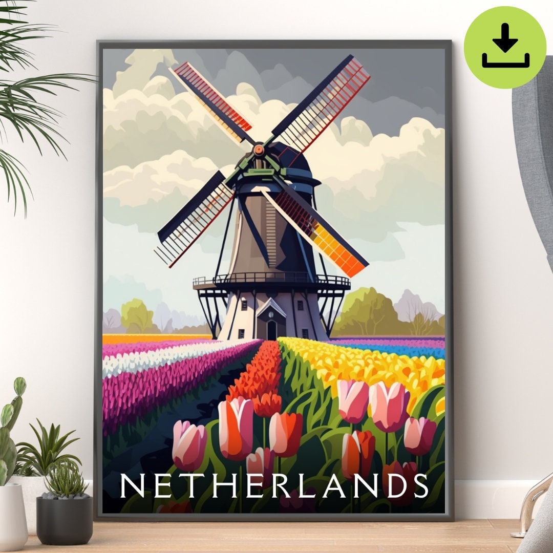 The Netherlands, Holland Travel Poster of a Windmill in a Tulip Field ...