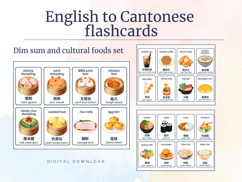 Learn Cantonese Dim Sum and Cultural Foods | English to Cantonese Flashcards With Jyutping - Etsy