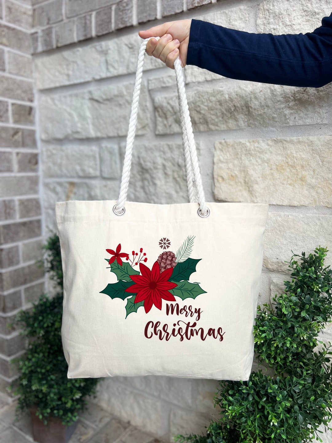 Merry Christmas Tote Bag, Christmas Tote Bags for Women, Flower Merry ...