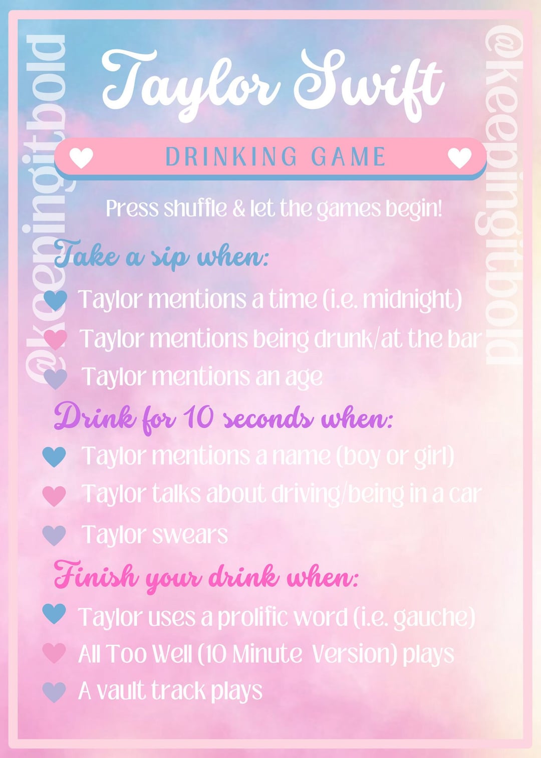 Taylor Swift Drinking Game PDF - Etsy