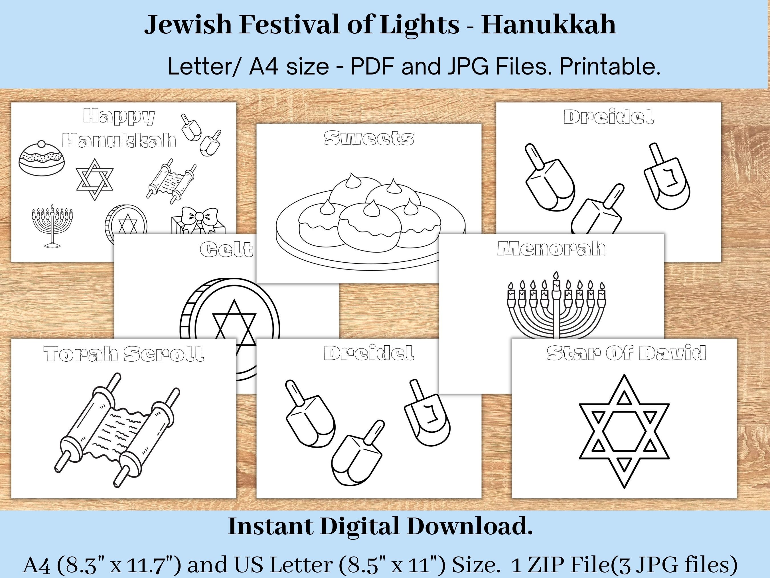 Hanukkah Coloring Pages for Kids, Jewish Festival of Lights (digital ...