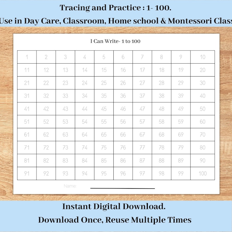 Number Tracing 1-100 Worksheets, Preschool Printable (PDF) - Etsy